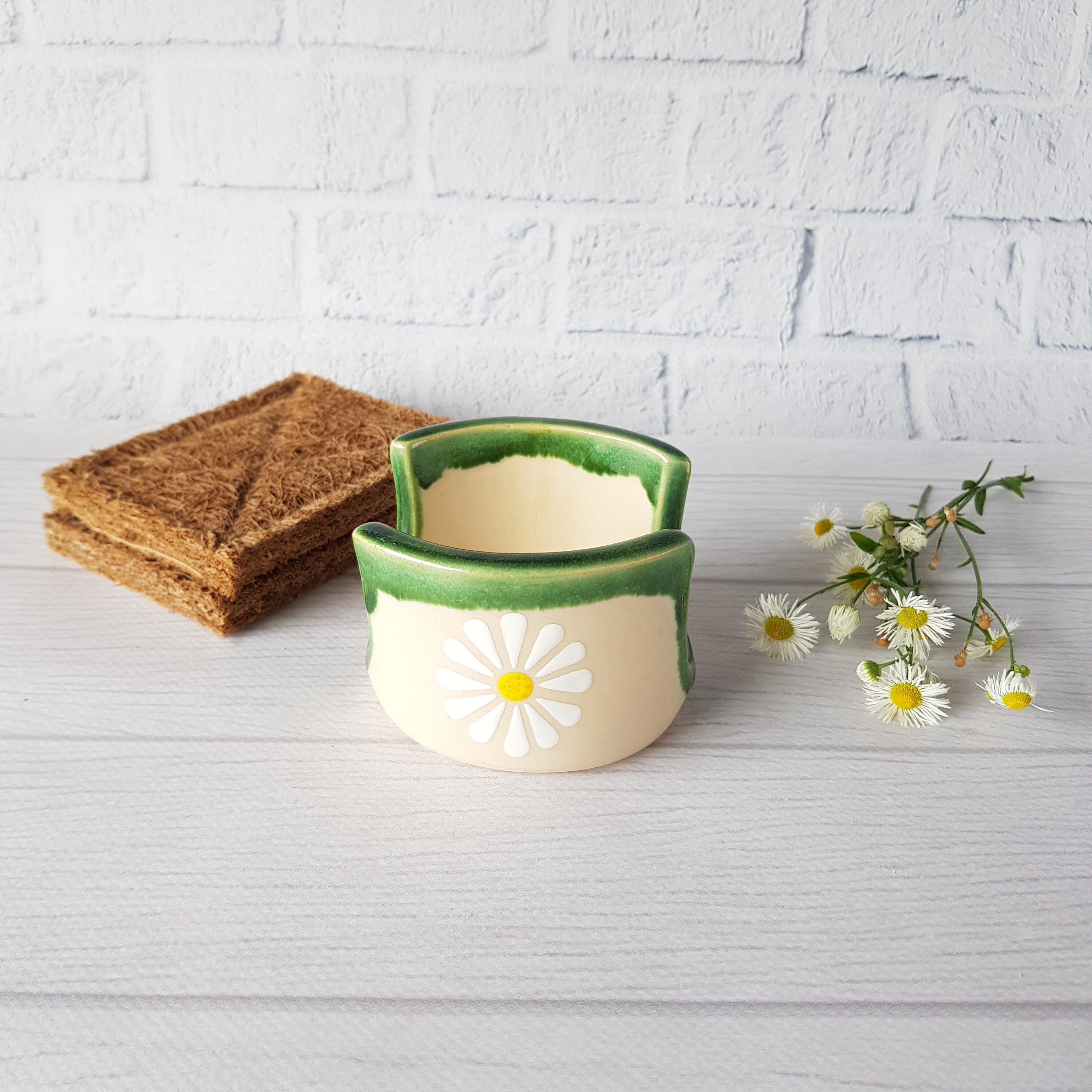 Handmade Ceramic Sponge Holder With Daisy for Kitchen Light Sponge Dish ...