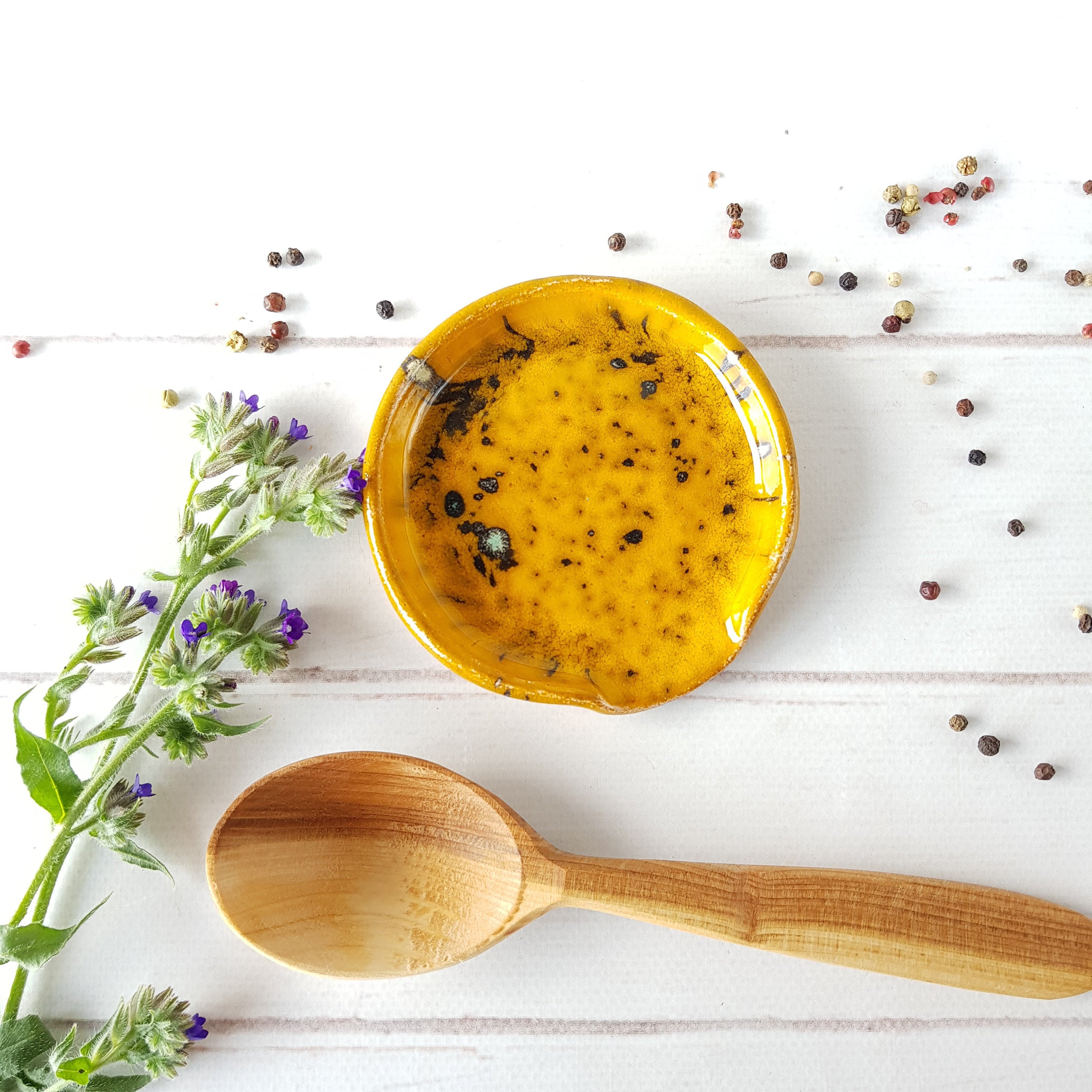 Ceramic spoon dish for kitchen Pottery speckled yellow spoon | Etsy