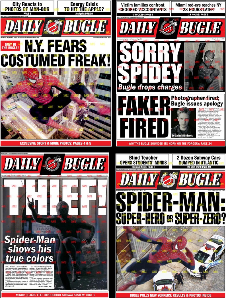 Spider-man Daily Bugle Newspaper Posters Set of 4, Sam Raimi Movie Prop ...