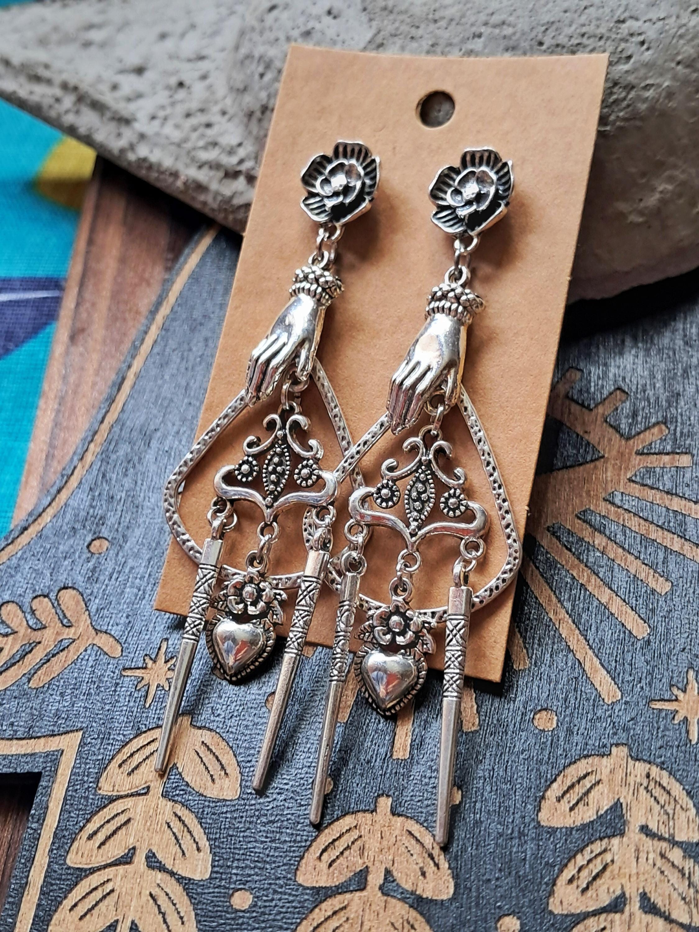 Sacred Heart With Guiding Hand Earrings, Chicana Earrings, Mexican ...