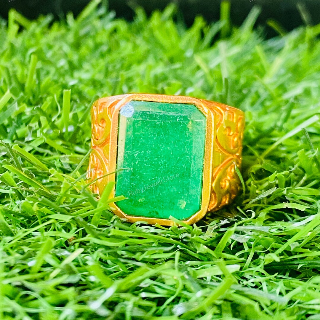 Natural Emerald Men Ring, 925 Sterling Silver/18k Solid Gold Wedding ...