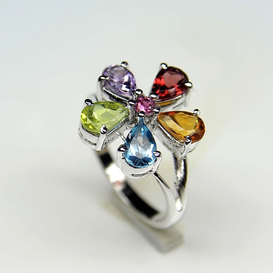 Pear Stones Ring-natural Multi Stone Ring-blue Topaz,peridot,amethyst ...
