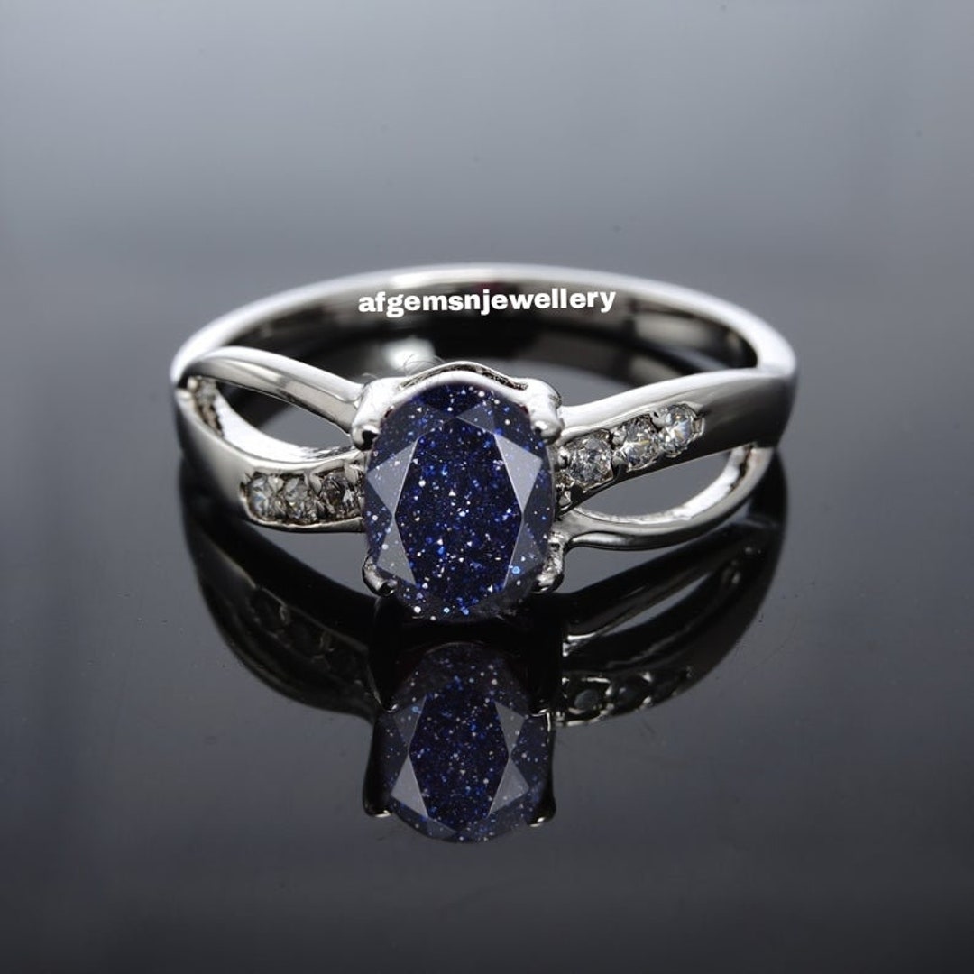 Dainty Galaxy Sandstone Ring Oval Blue Sandstone Engagement Ring ...