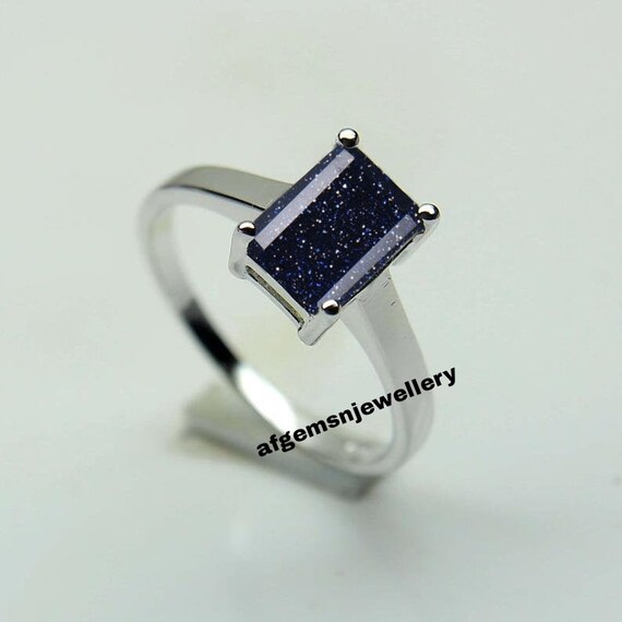 Dainty Blue Sandstone Engagement Ring for Women Emerald Cut - Etsy