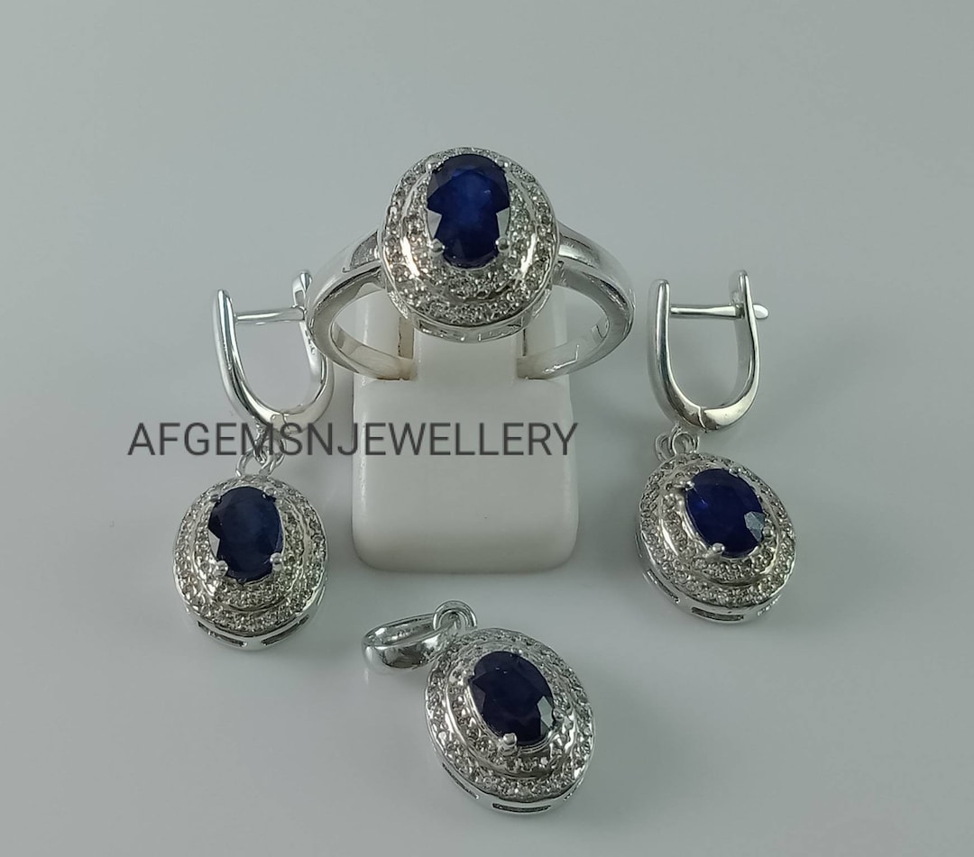 Blue Sapphire Jewelry Set/pendant ,earring and Ring Set/ 925 Sterling ...