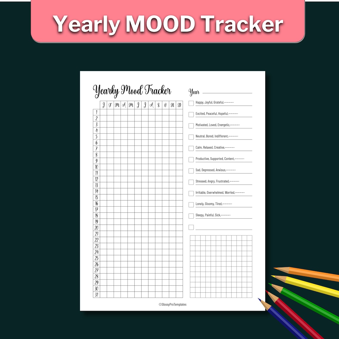 Printable Mood Tracker Bundle, Yearly Mood Tracker & Monthly Mood ...