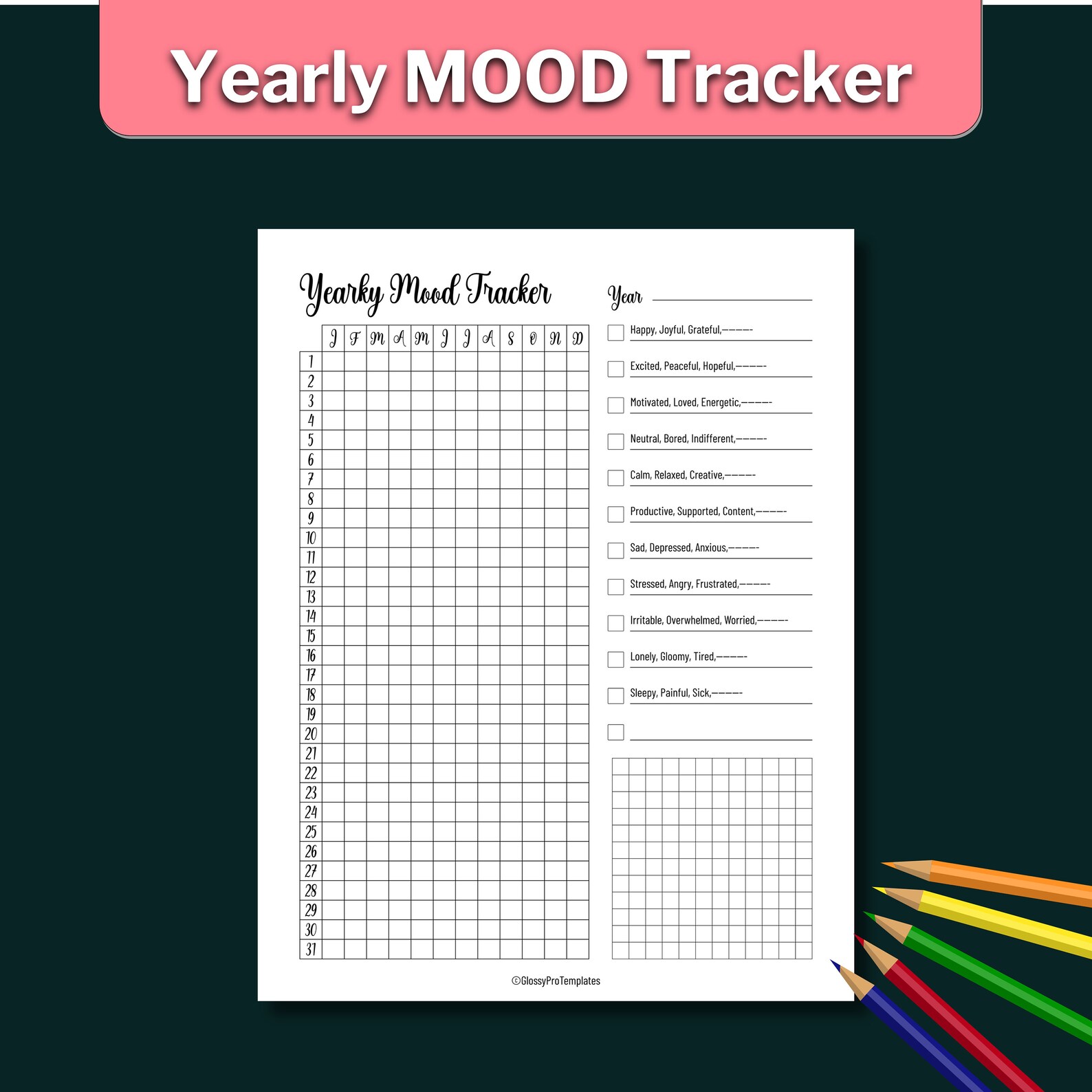 Printable Mood Tracker Bundle, Yearly Mood Tracker & Monthly Mood ...