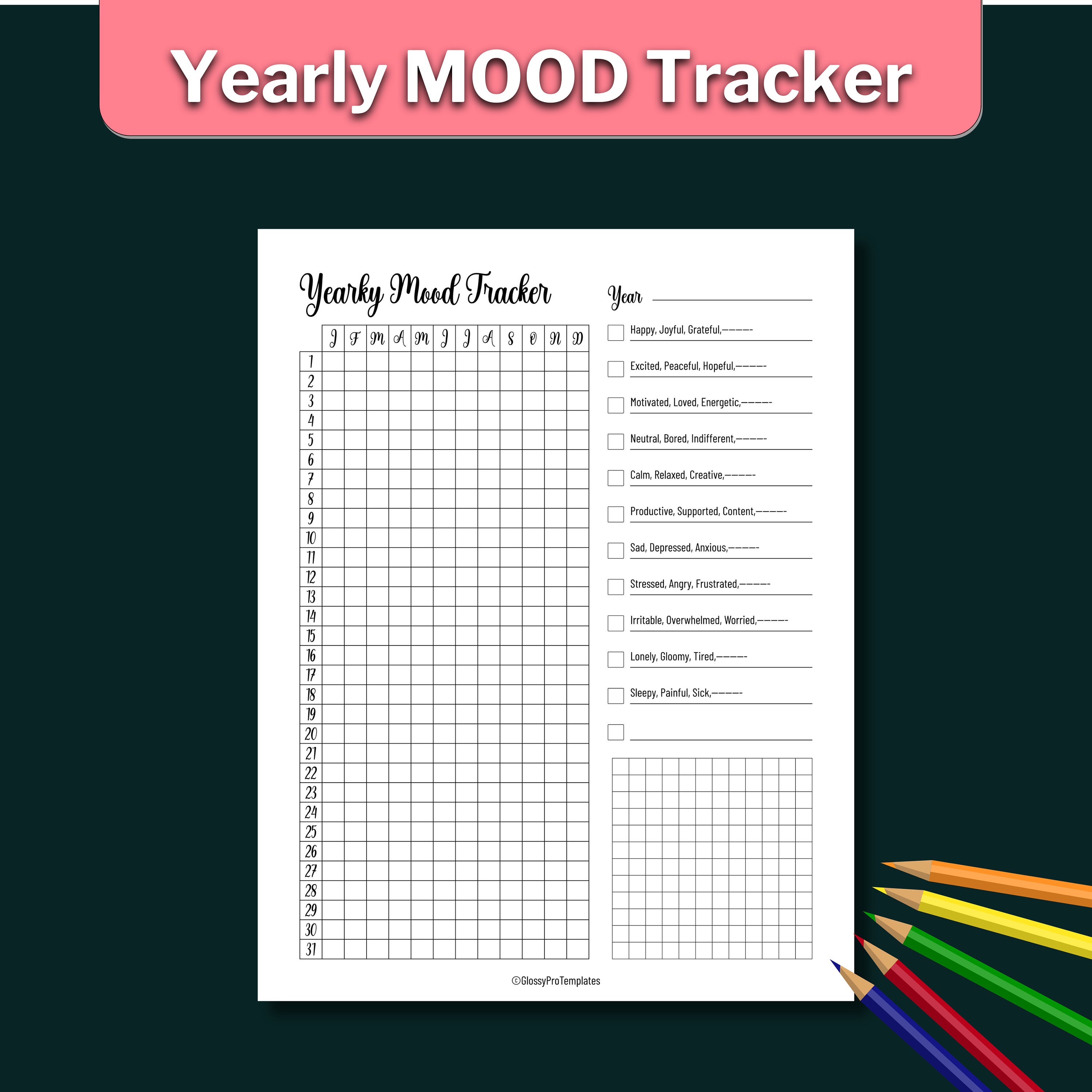 Printable Mood Tracker Bundle, Yearly Mood Tracker & Monthly Mood ...