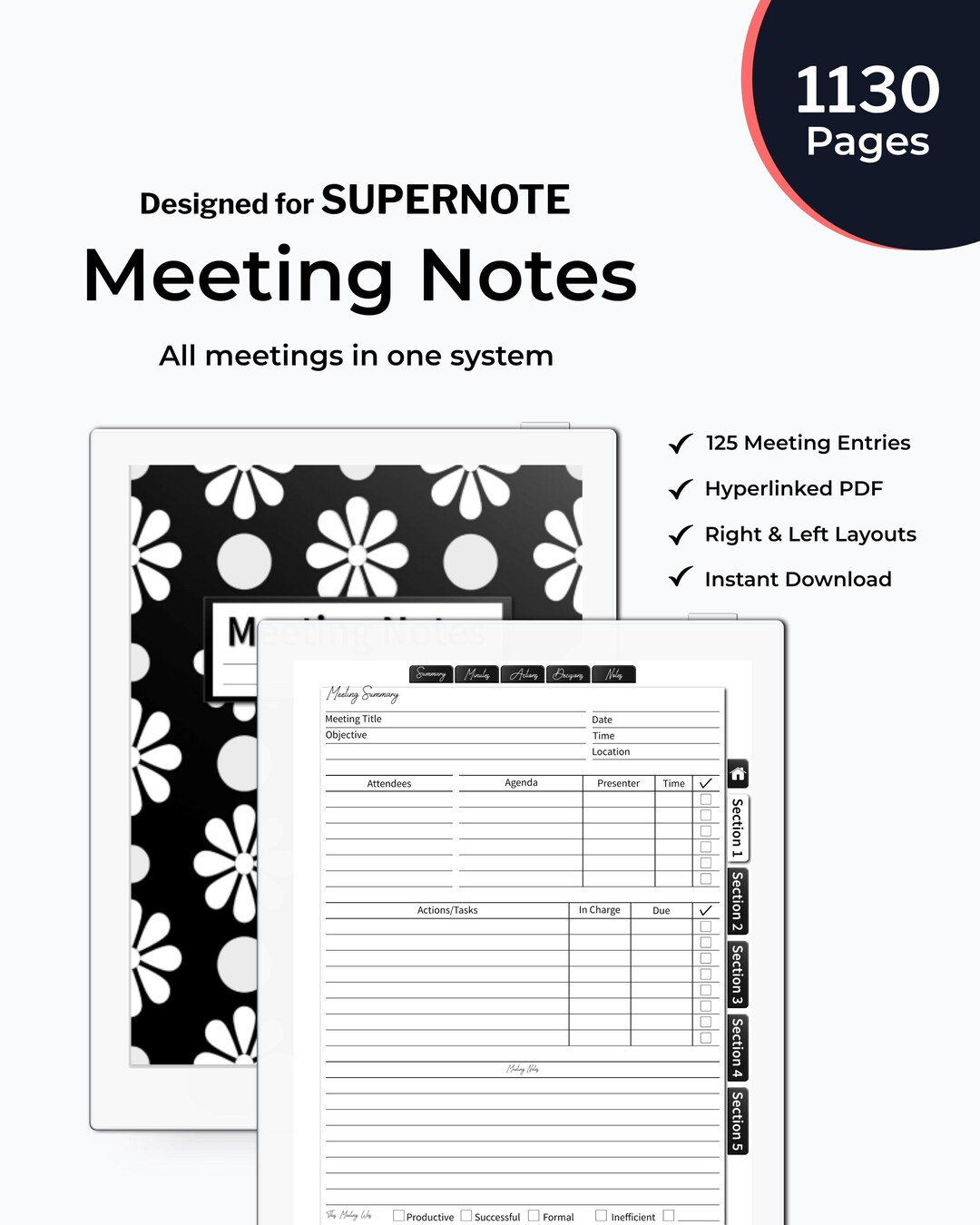 Meeting Notes Template PDF for SUPERNOTE | 125 Meeting Entries ...
