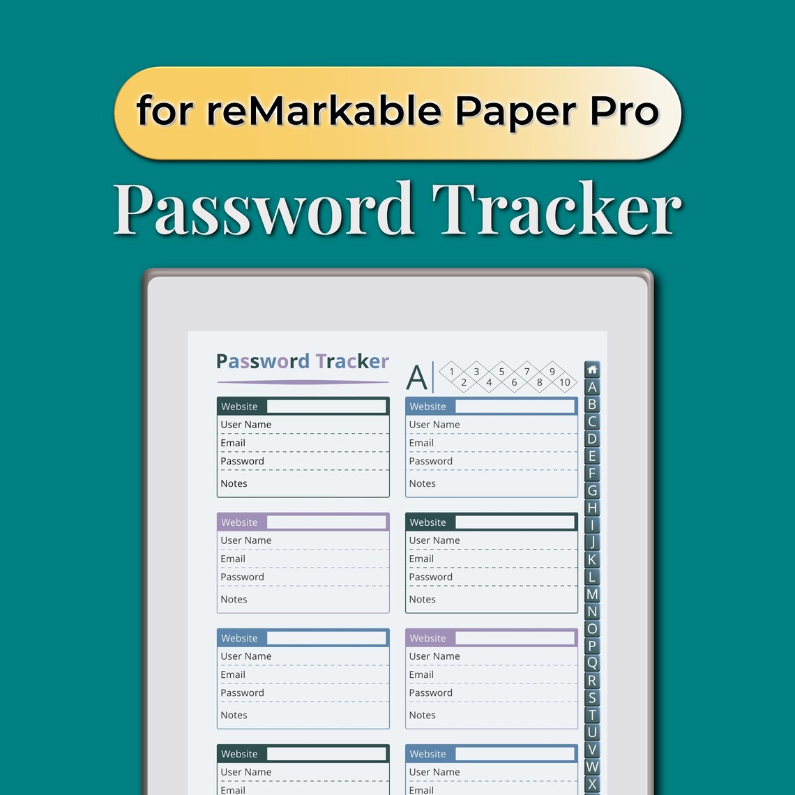 Alphabetical Password Tracker Template for Remarkable Paper Pro ...