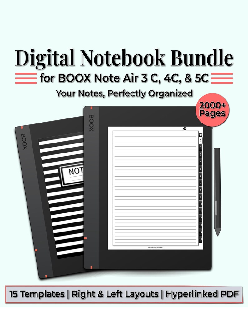 Digital Notebook for Boox Note Air 3C 4C 5C | 15 Hyperlinked Templates ...
