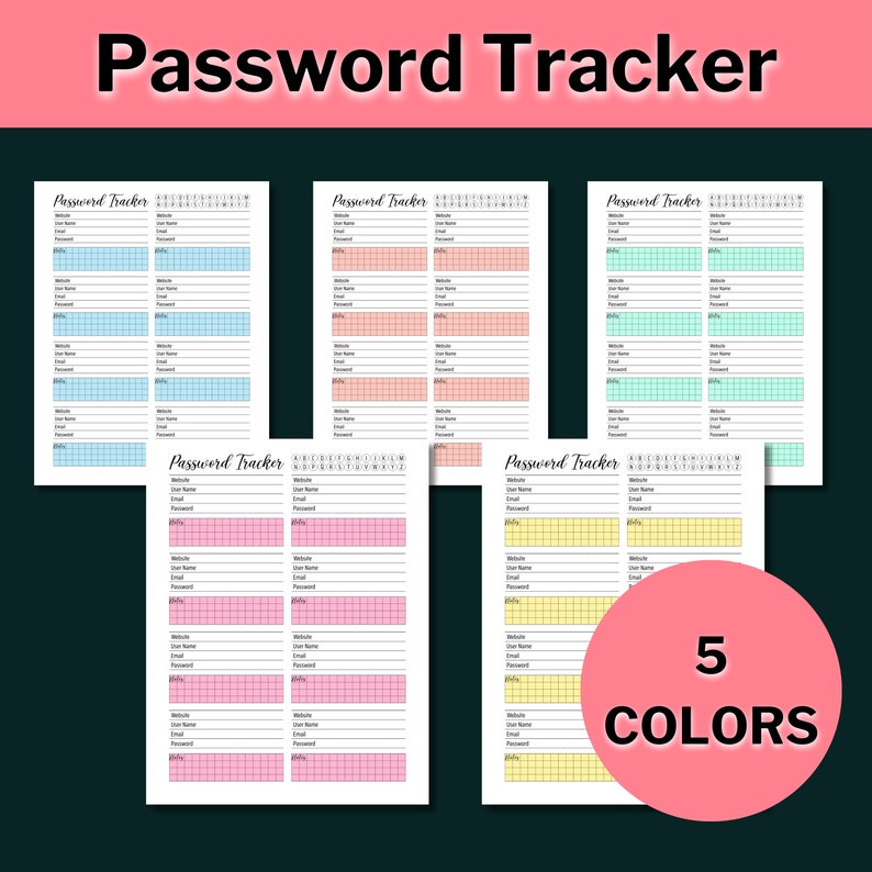 Printable Password Tracker, Password Keeper 2 Layouts & 5 Colors ...