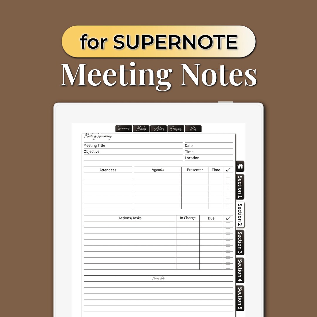 Digital Meeting Notes Template for SUPERNOTE, Meeting Minutes Template ...