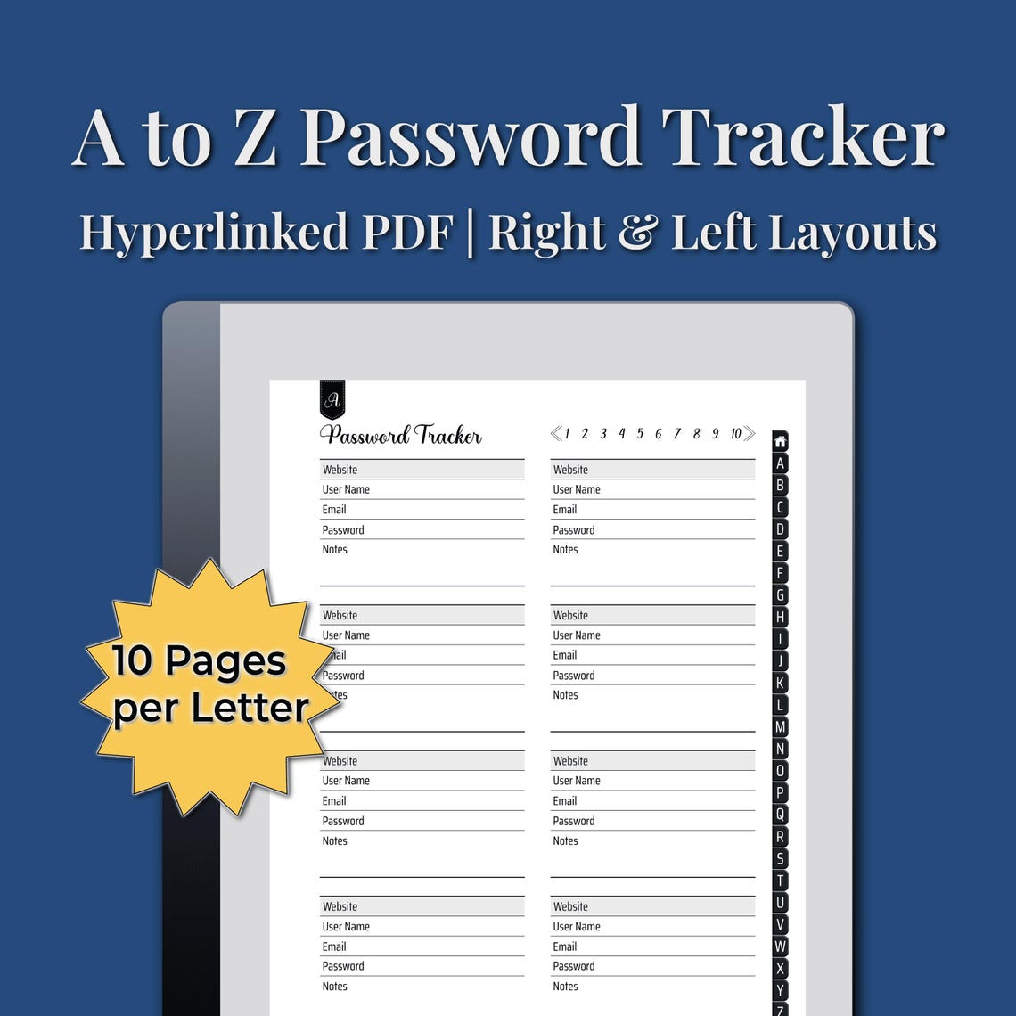 Password Tracker for Remarkable 2 | Alphabetically Hyperlinked Digital ...