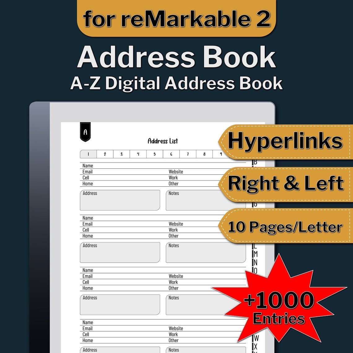 Address Book for Remarkable 2, Unique Alphabetized Address Book ...