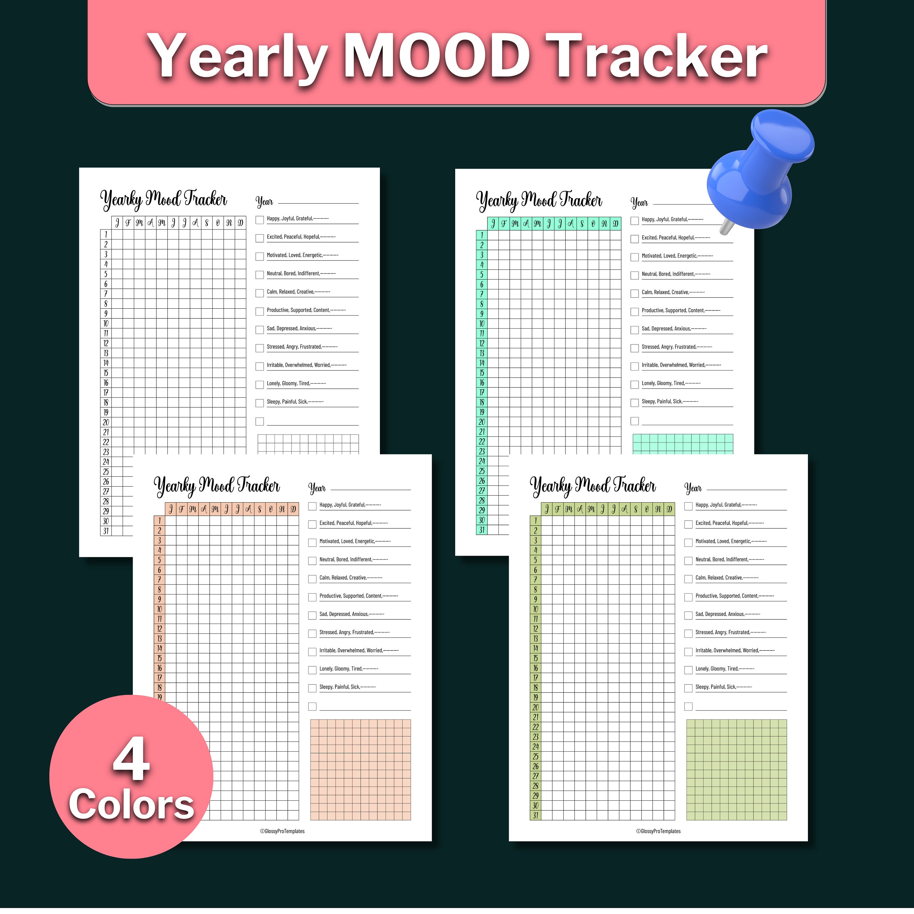 Printable Mood Tracker Bundle, Yearly Mood Tracker & Monthly Mood ...