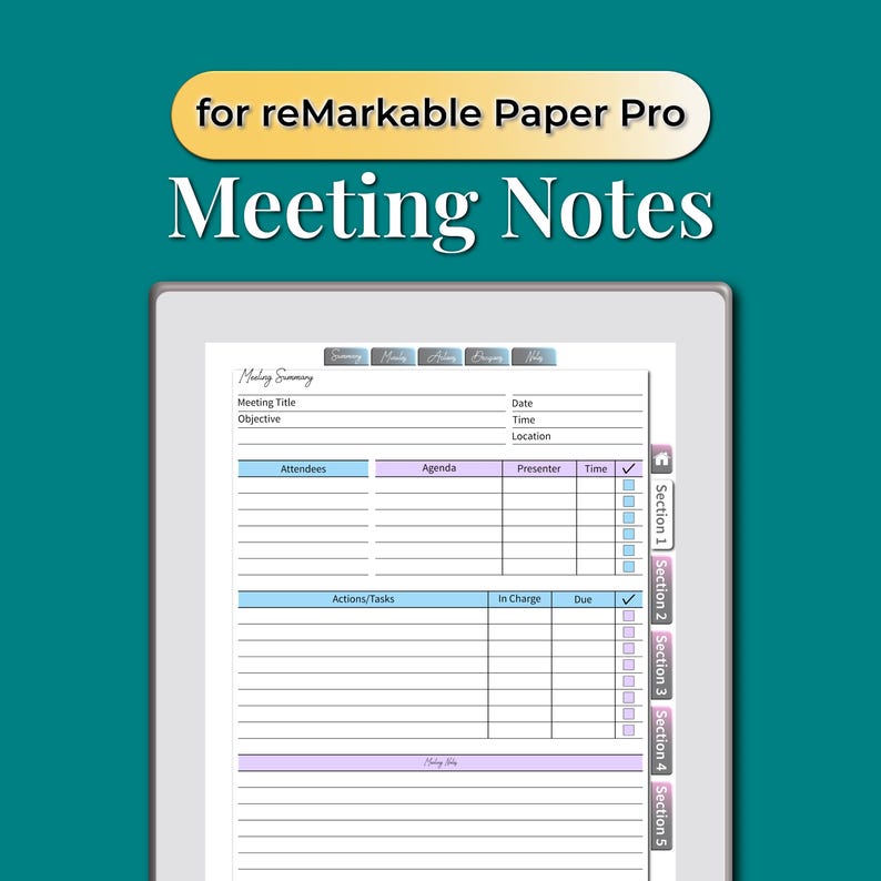 Meeting Notes Template for Remarkable Paper Pro, Meeting Notebook 125 ...