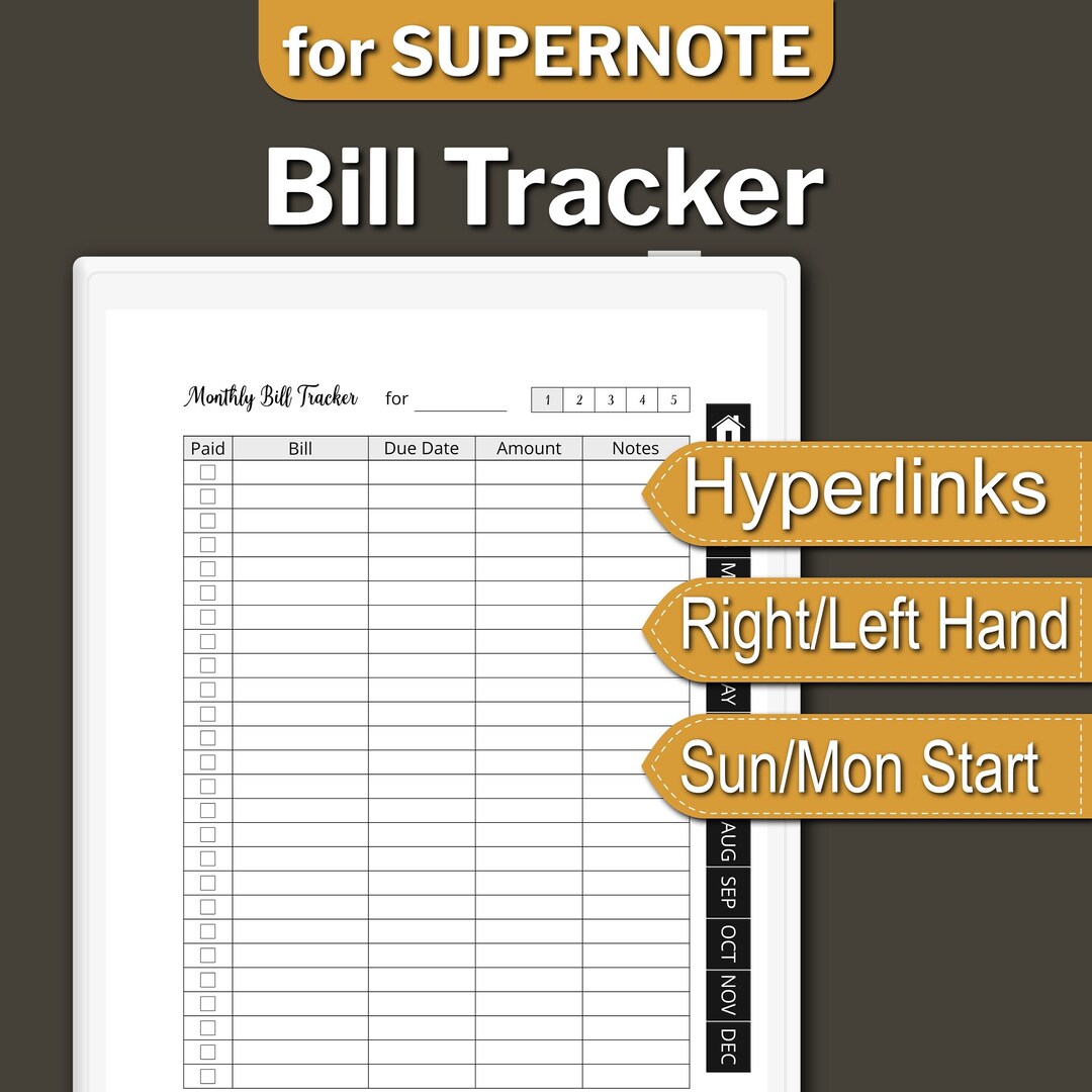 Bill Tracker for SUPERNOTE, Monthly Bill Tracker, Bill Tracker ...