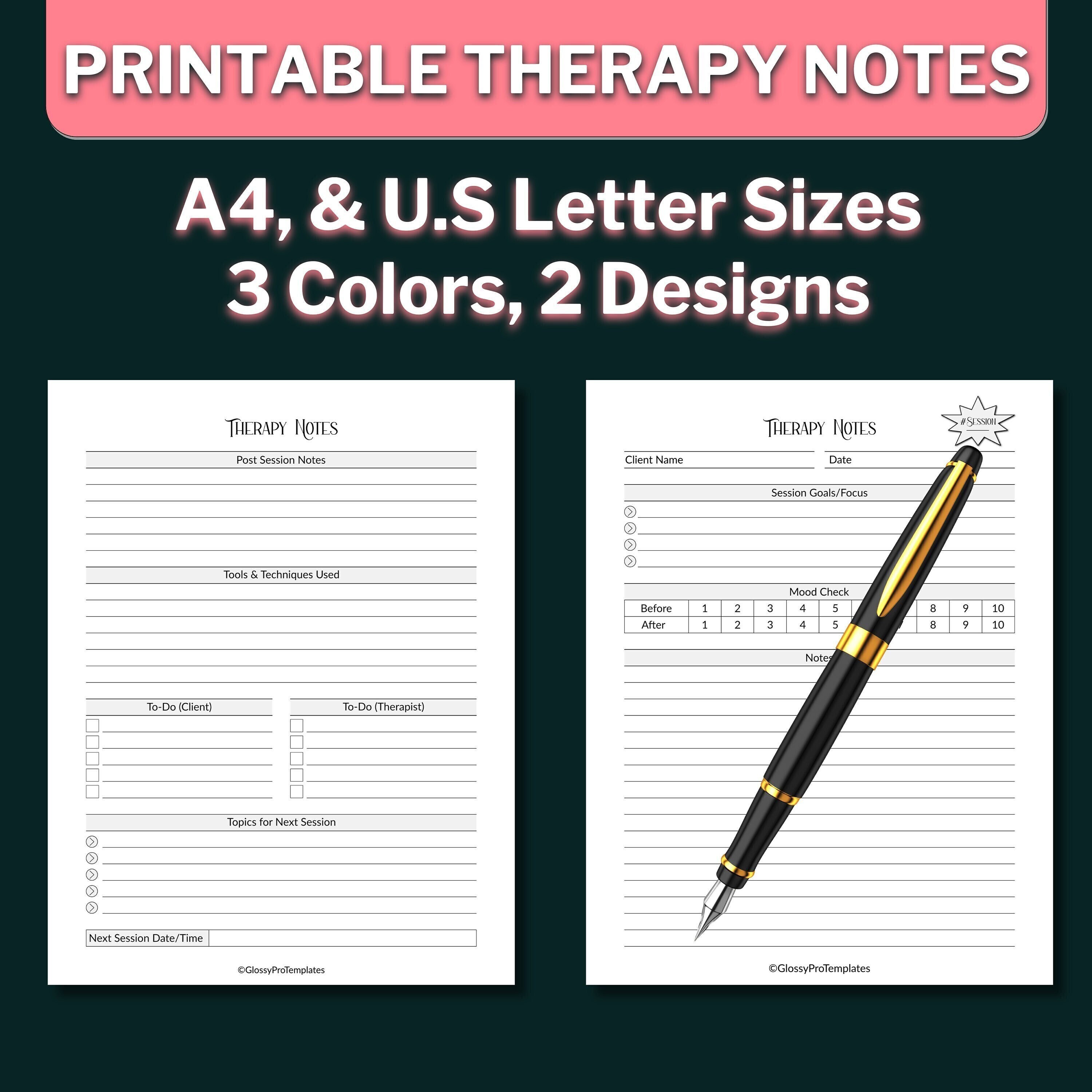 Printable Therapy Notes, Therapy Notes, Therapy Note Worksheets, A4 & U ...