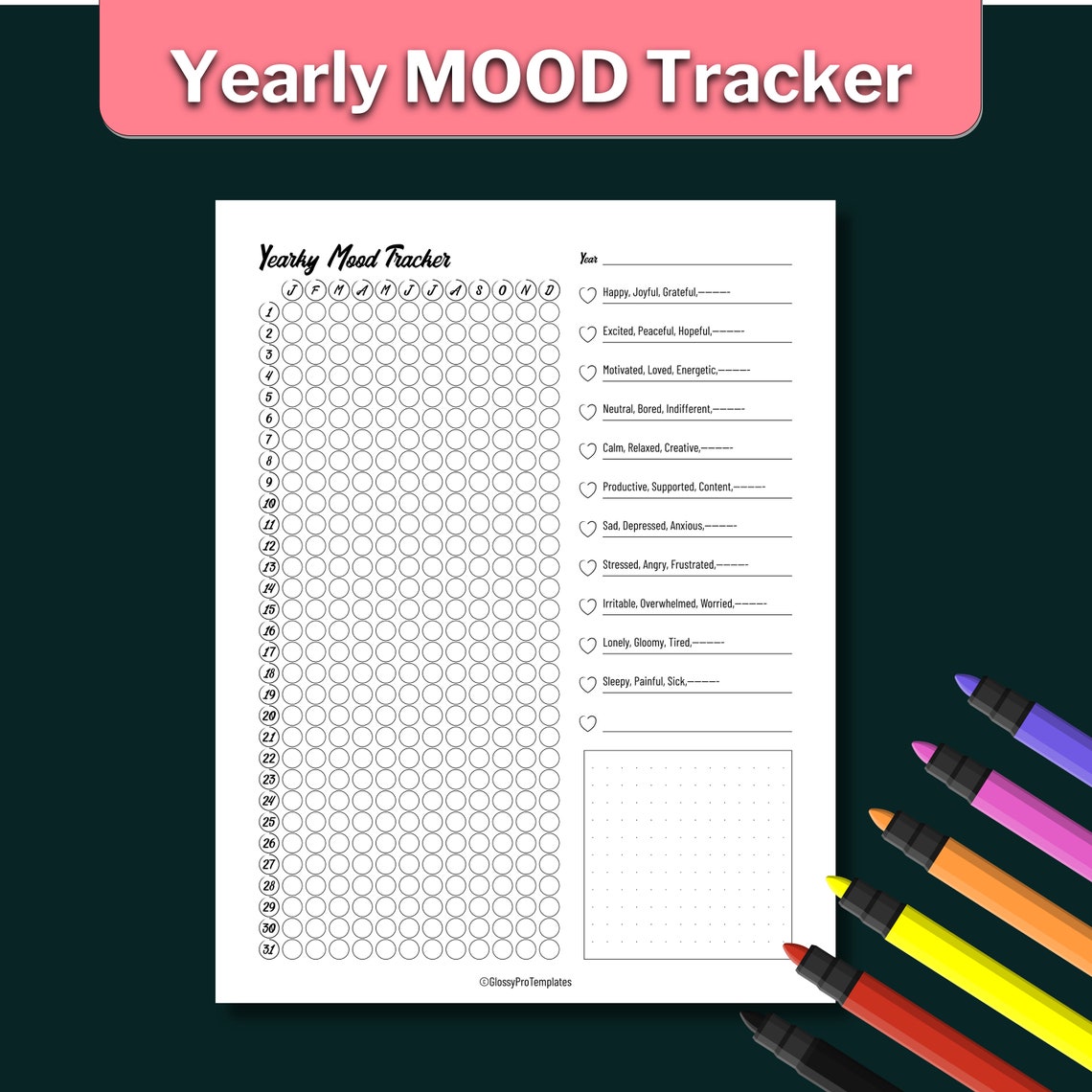 Printable Mood Tracker Bundle, Yearly Mood Tracker & Monthly Mood ...