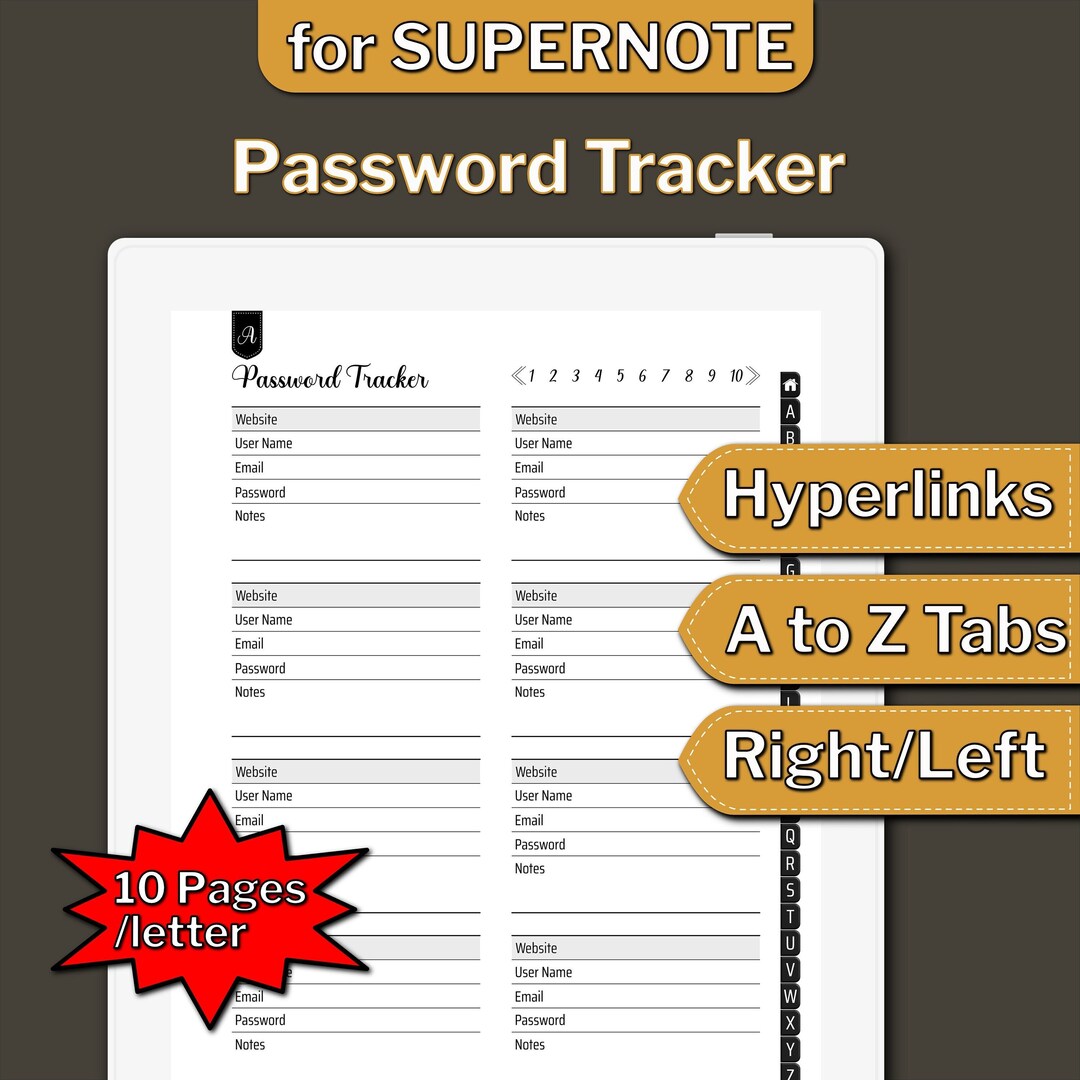 Password Tracker for SUPERNOTE, Alphabetically Hyperlinked Digital ...