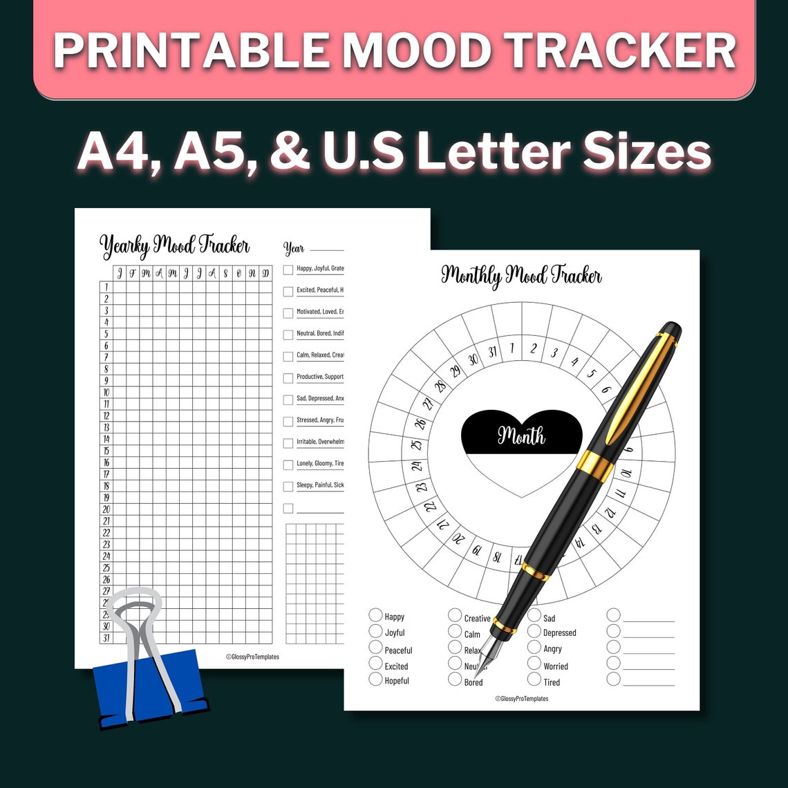 Printable Mood Tracker Bundle, Yearly Mood Tracker & Monthly Mood ...