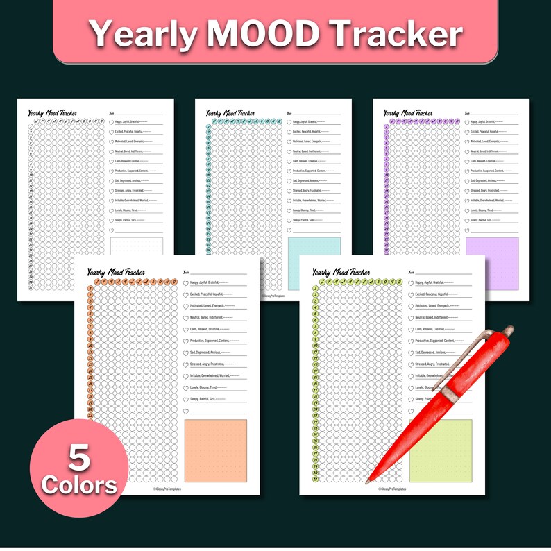 Printable Mood Tracker Bundle, Yearly Mood Tracker & Monthly Mood ...