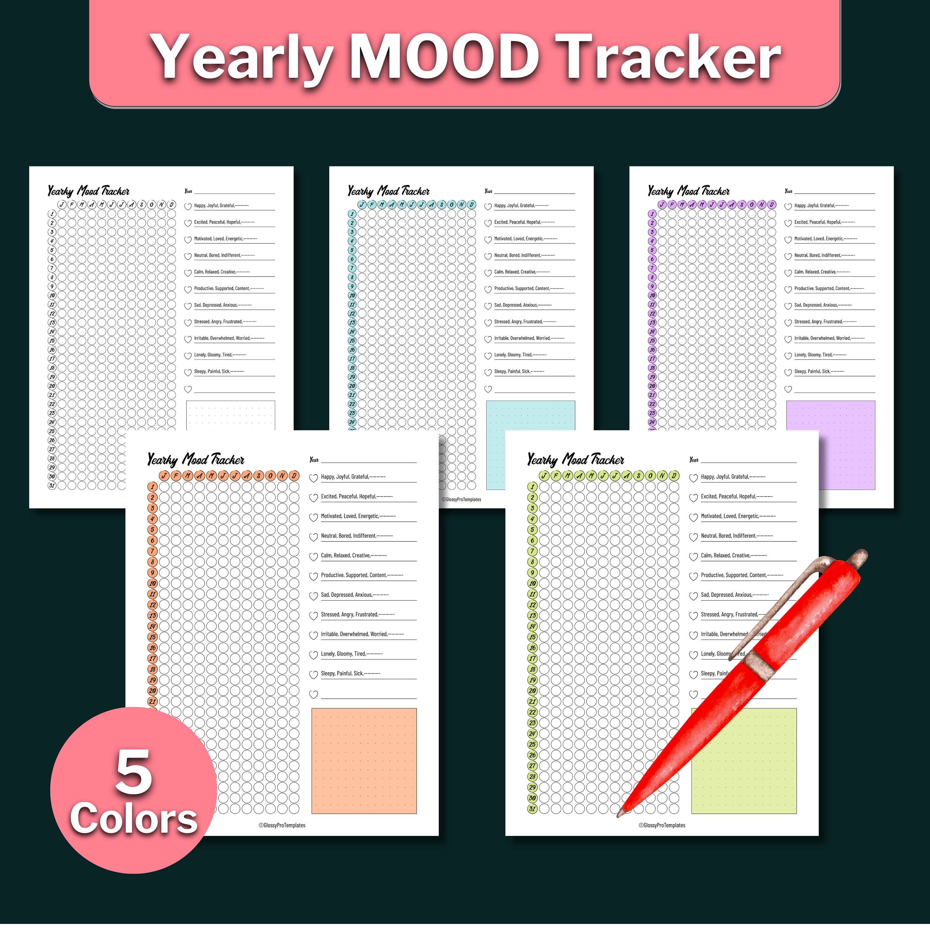 Printable Mood Tracker Bundle, Yearly Mood Tracker & Monthly Mood ...