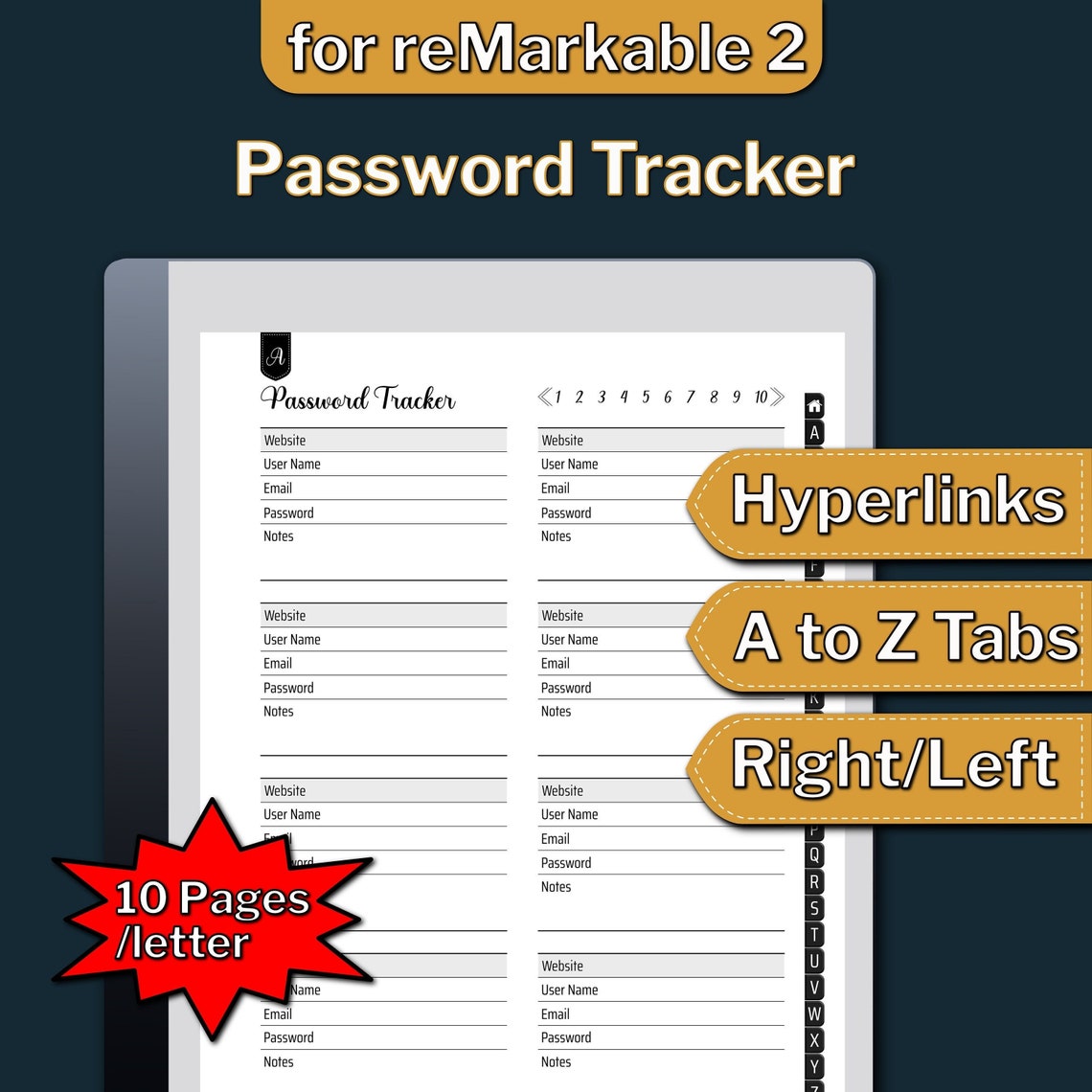 Password Tracker for Remarkable 2, Alphabetically Hyperlinked Digital ...