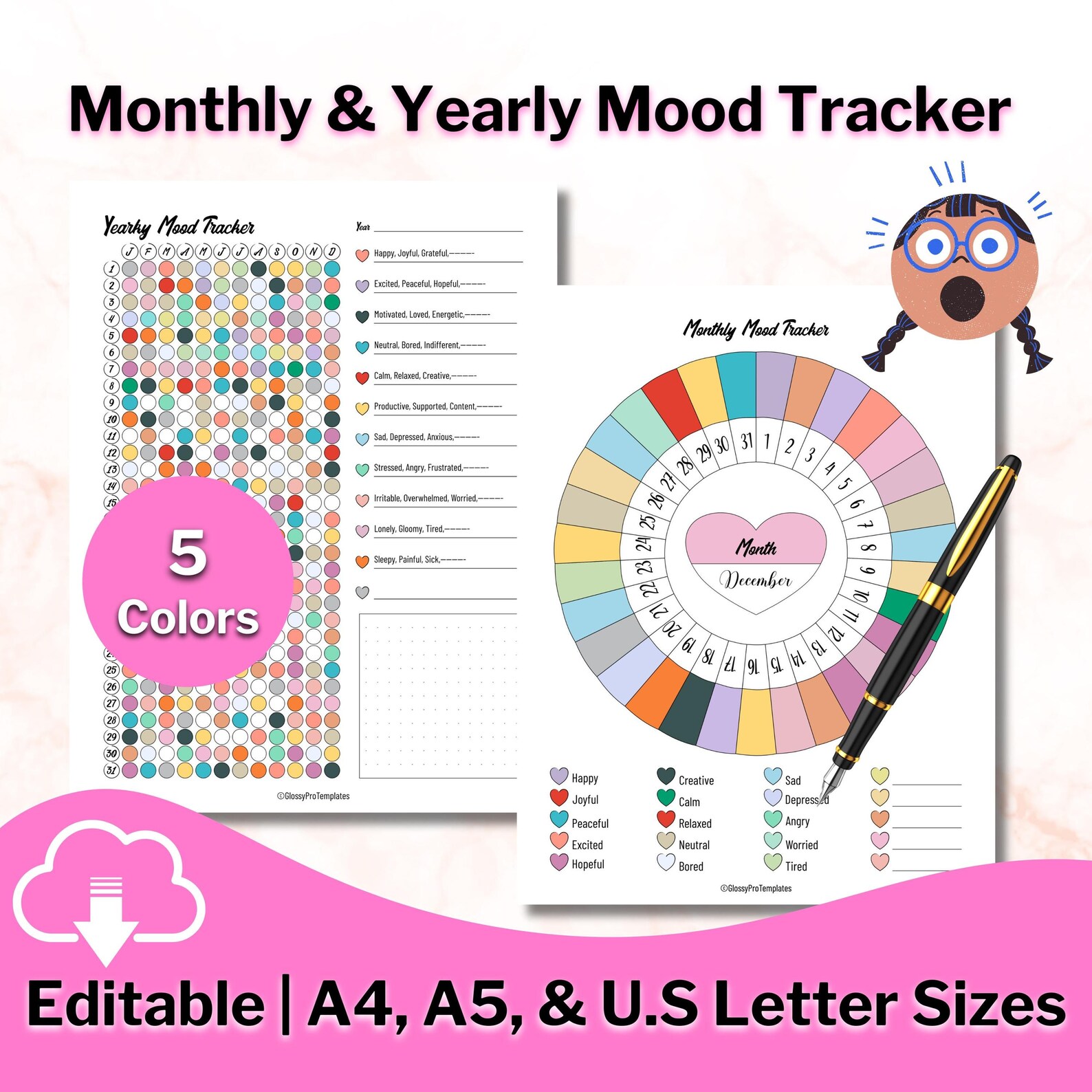Printable Mood Tracker Bundle, Yearly Mood Tracker & Monthly Mood ...