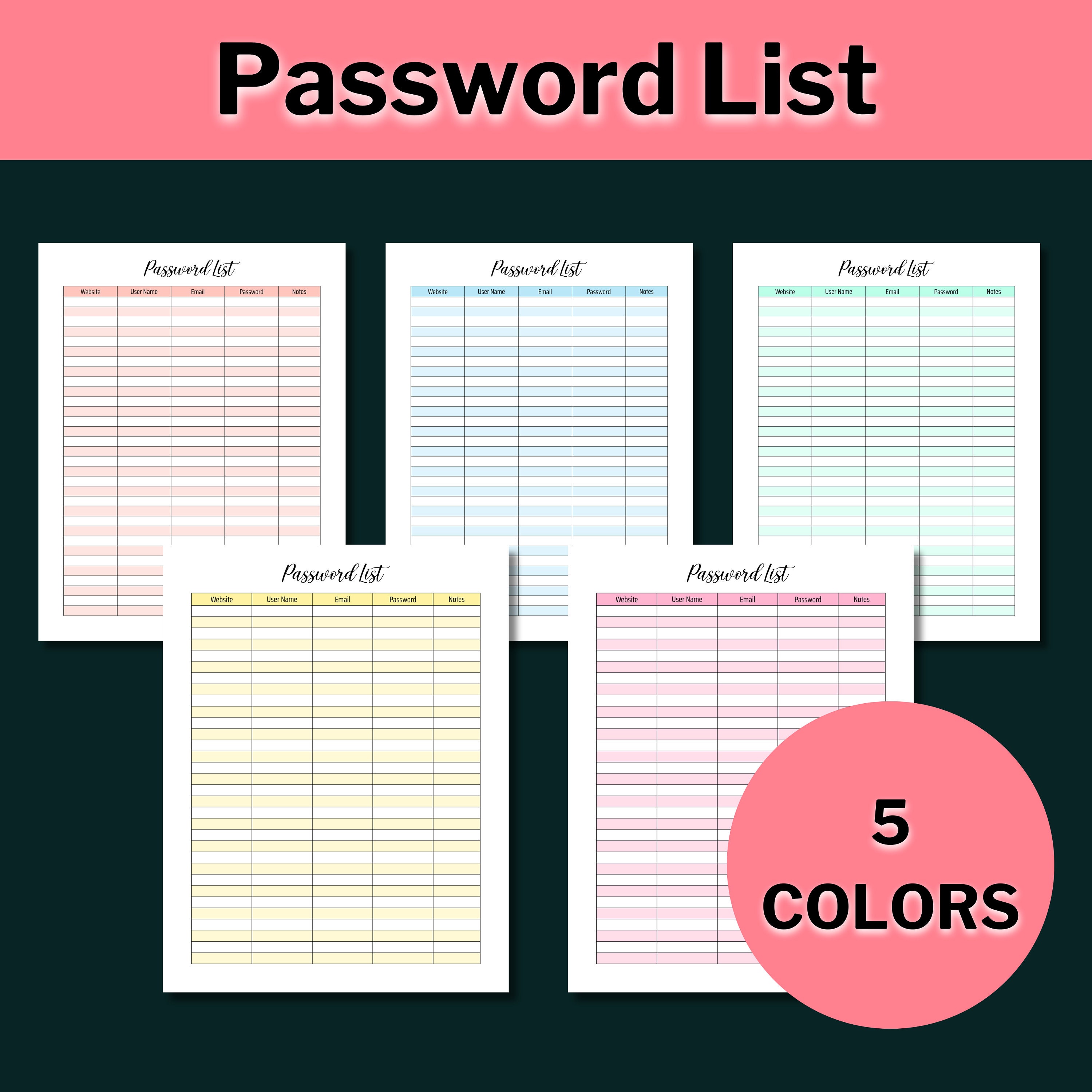 Printable Password Tracker, Password Keeper 2 Layouts & 5 Colors ...