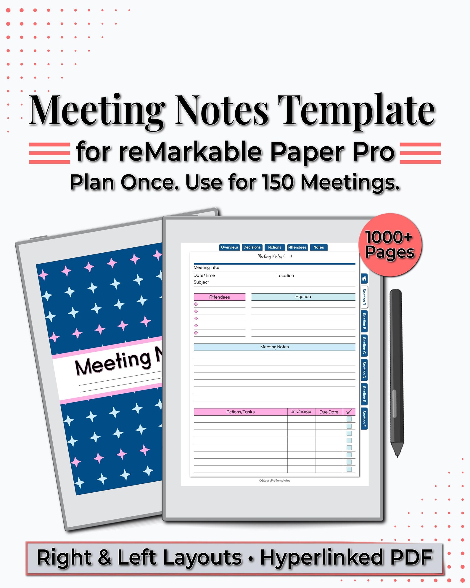 Meeting Notes Template for Remarkable Paper Pro | 150 Hyperlinked ...
