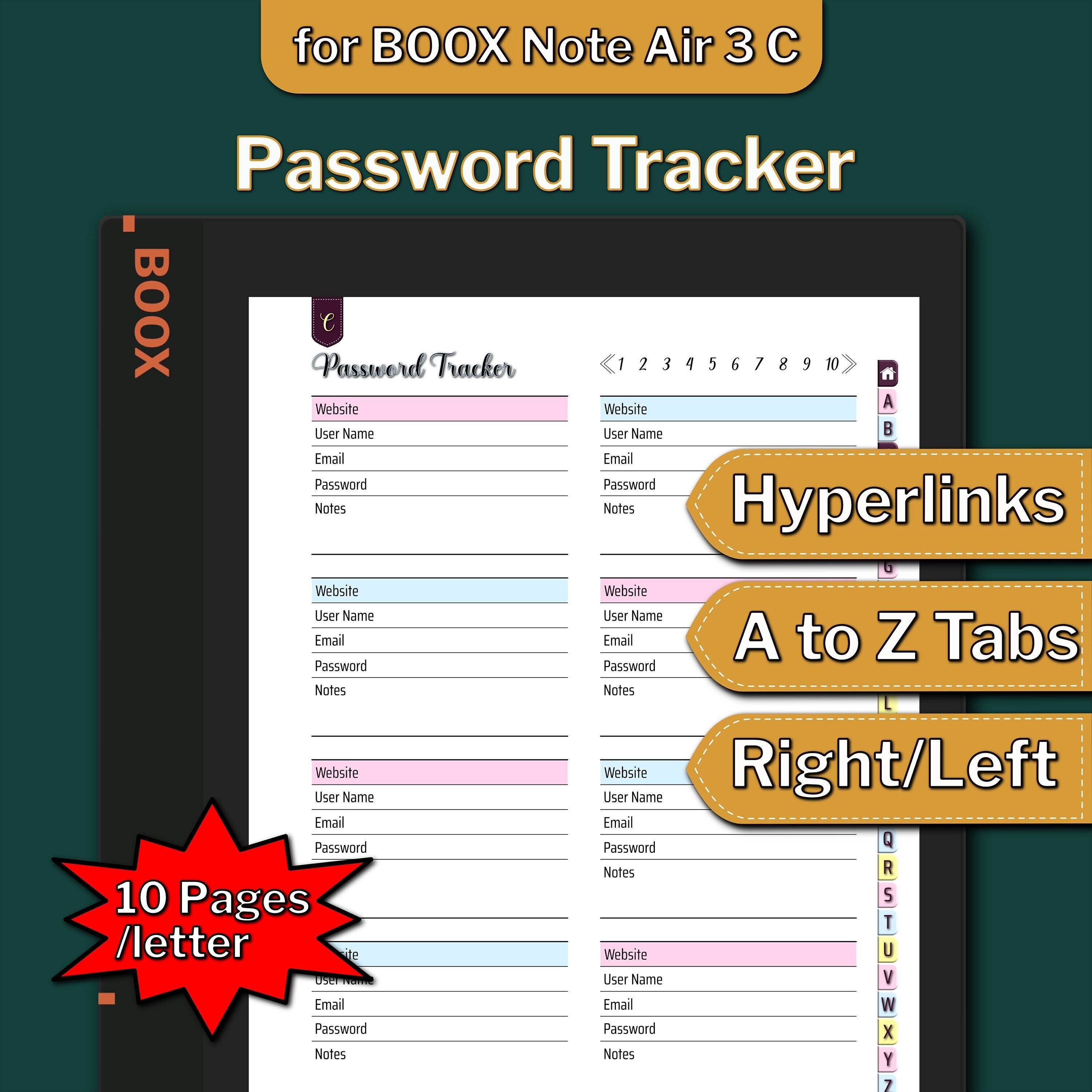 BOOX Note Air 3 C Password Tracker, Alphabetically Hyperlinked Digital ...