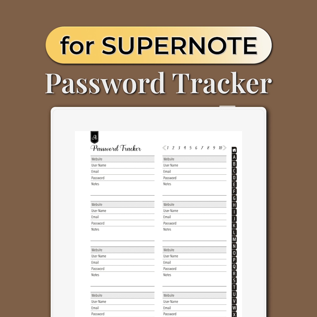 Password Tracker Template for SUPERNOTE | Alphabetically Hyperlinked ...