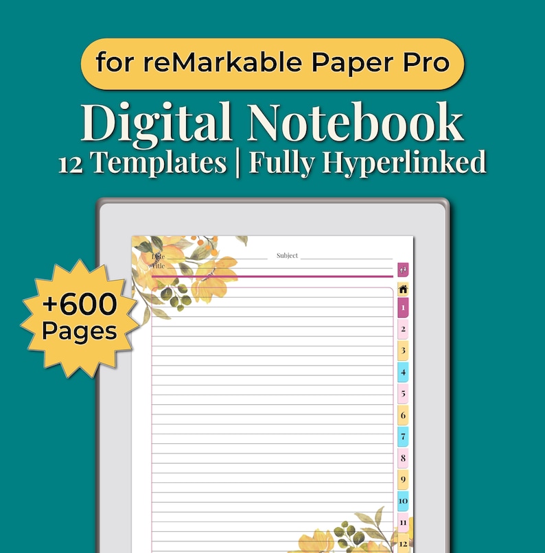 Digital Notebook for Remarkable Paper Pro, 12 Hyperlinked Templates ...