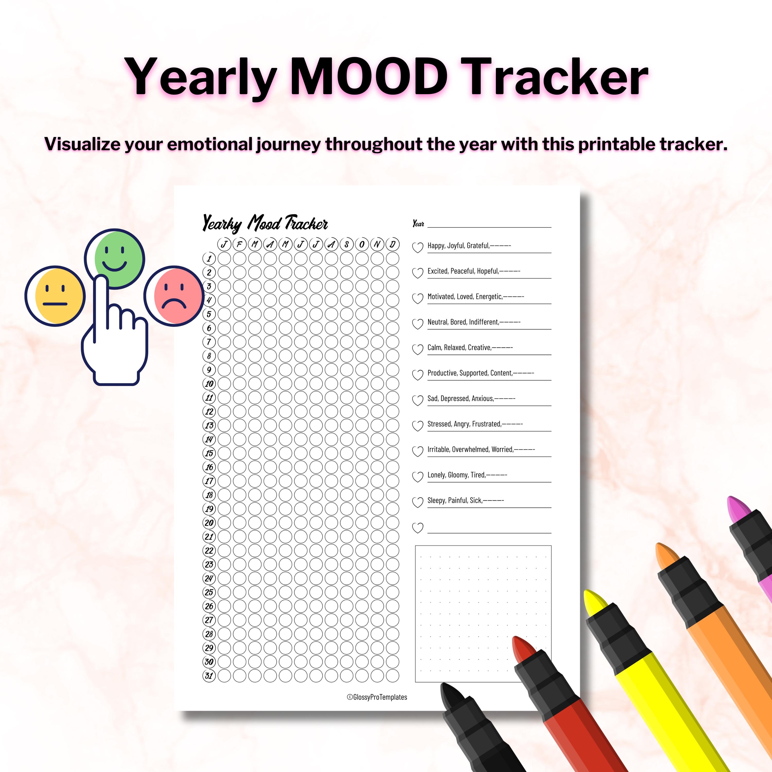 Printable Mood Tracker Bundle, Yearly Mood Tracker & Monthly Mood ...