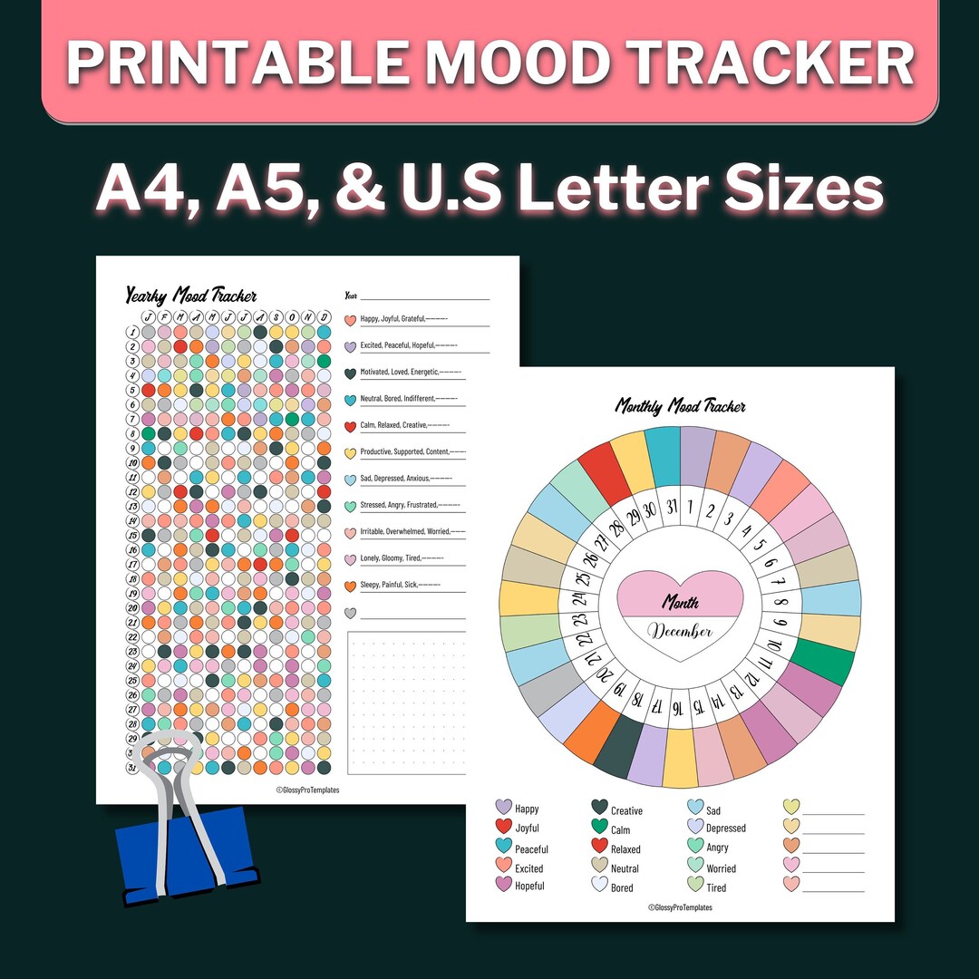 Printable Mood Tracker Bundle, Yearly Mood Tracker & Monthly Mood ...