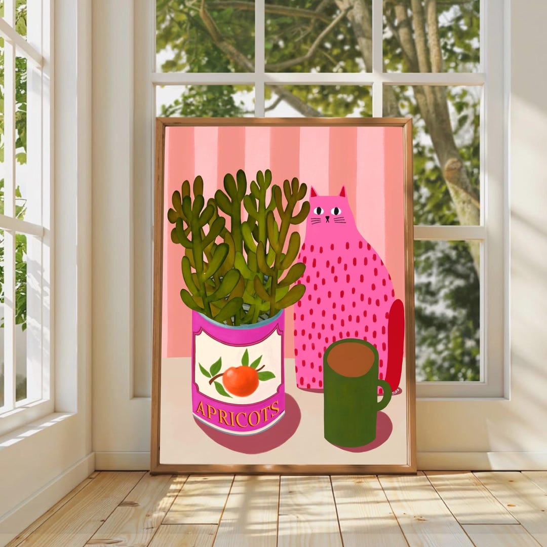 Pink Cat Art Print: Colourful Feline Illustration - Etsy