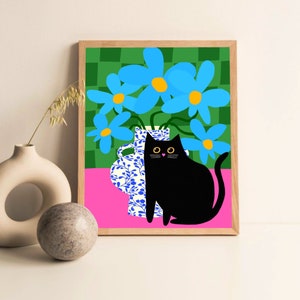 Blue Daisies Print - Cat Print, Cat Art, Cat Gifts, Cute Gifts, Wall ...