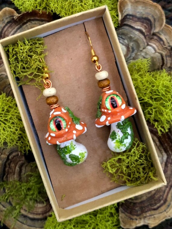 Burnt Orange Mushroom Earrings Third Eye Mushroom Earrings Mushrooms With Eye Trippy Mushroom Earrings Handmade Mushroom Earrings Etsy