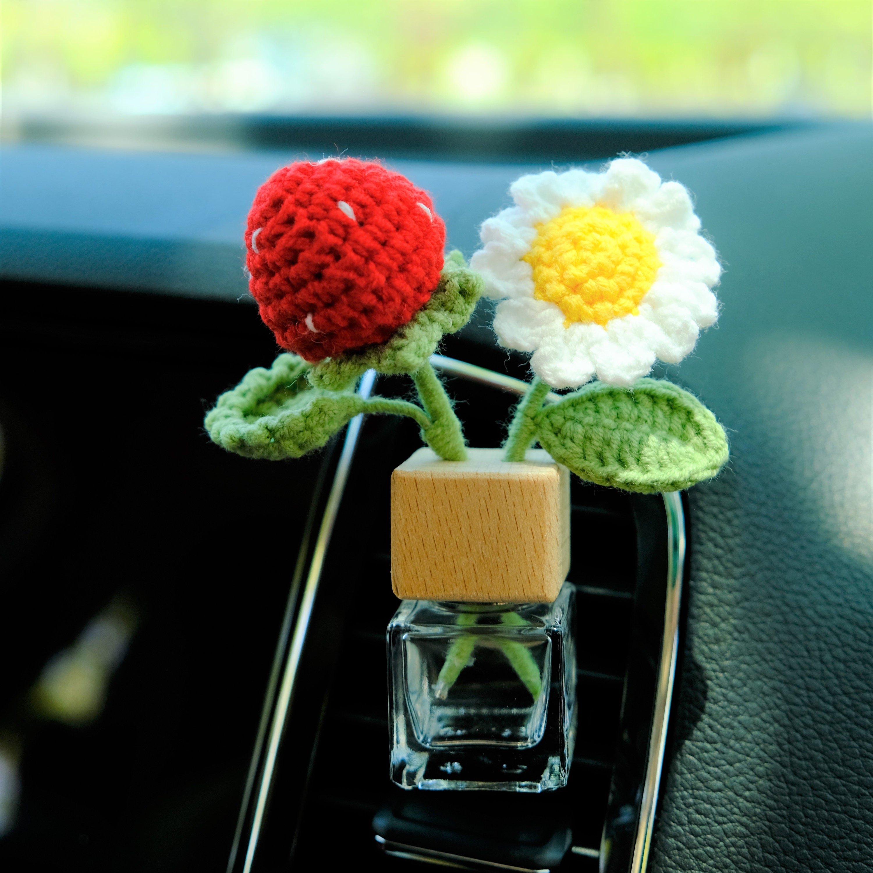 Crochet Strawberry & Daisy Car Air Freshener, Car Plant Vent Clip, Car ...