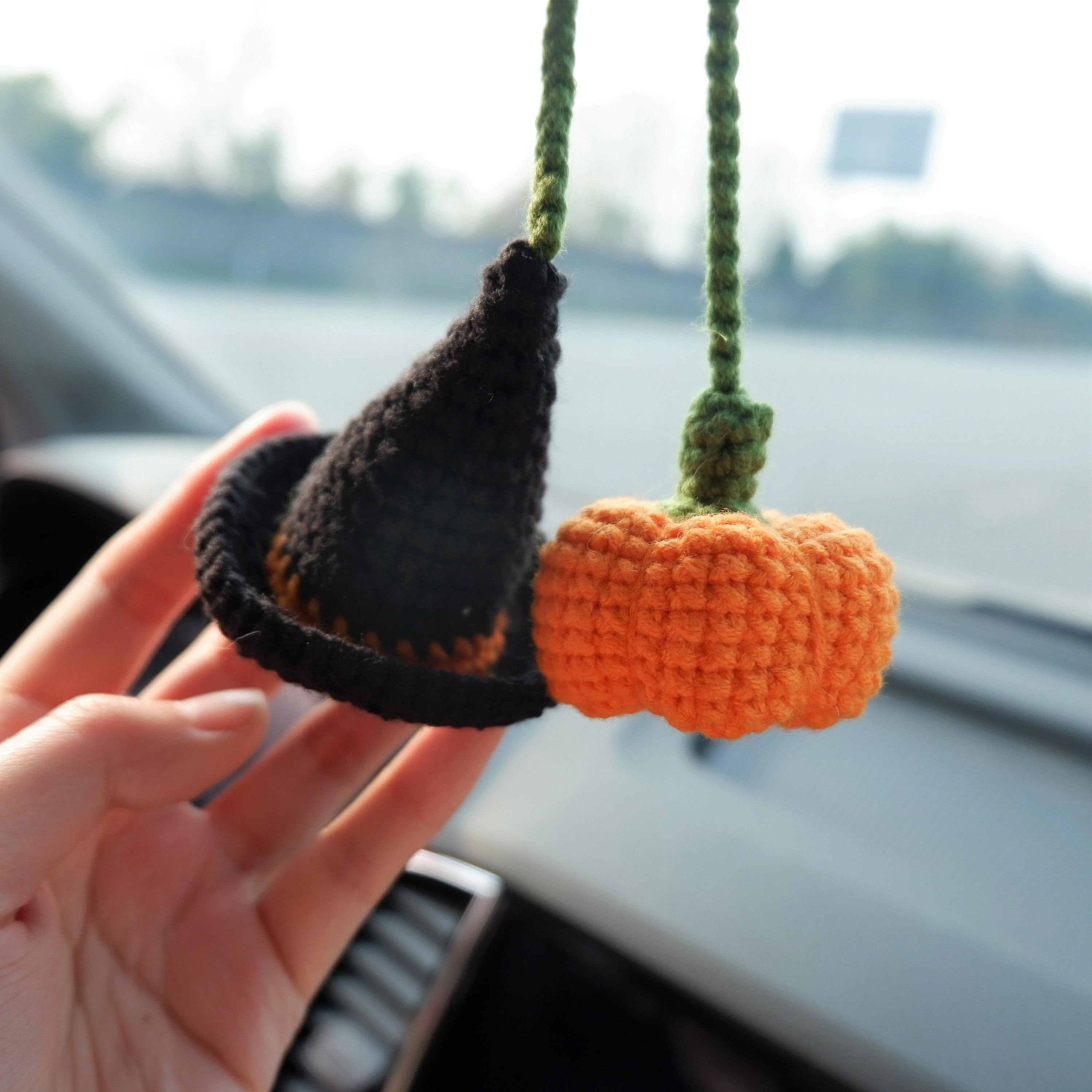 Crochet Pumpkin & Wizard Hat Car Mirror Hanging Accessory, Witchy Rear ...