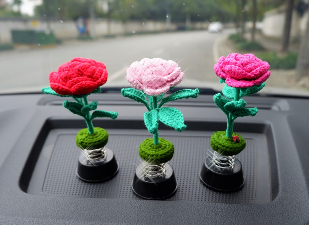 Crochet Rose Car Dashboard Decor, Red/pink Rose Car Plant Dashboard ...