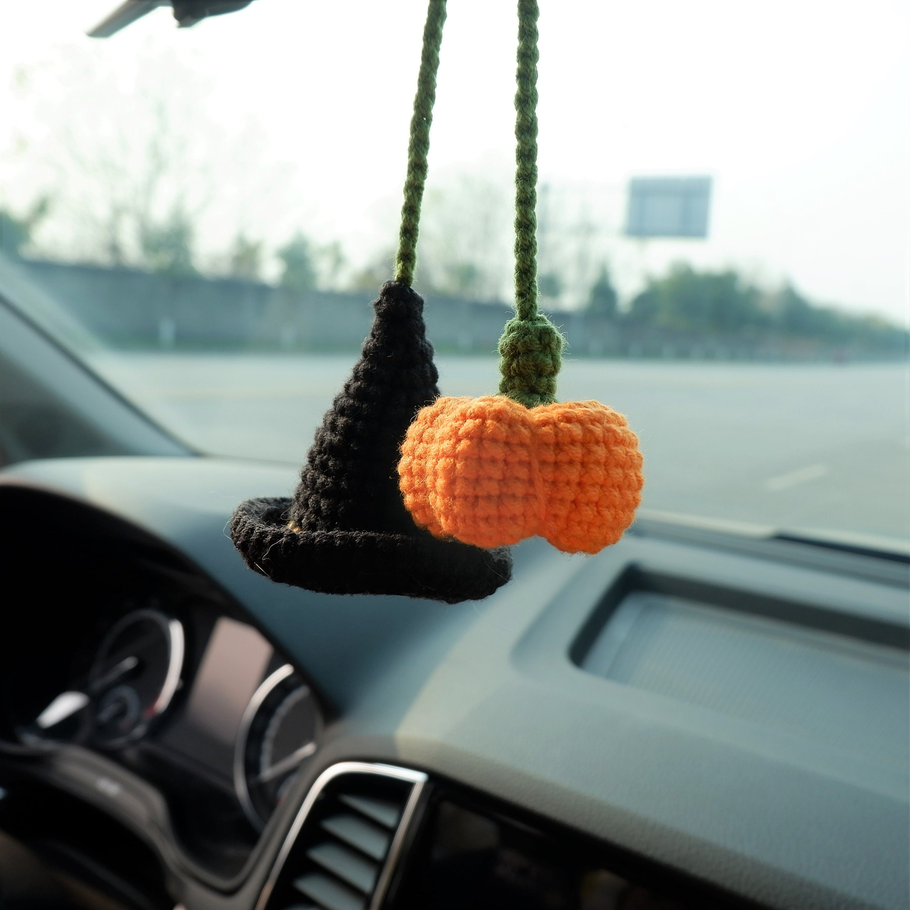 Crochet Pumpkin & Wizard Hat Car Mirror Hanging Accessory, Witchy Rear ...