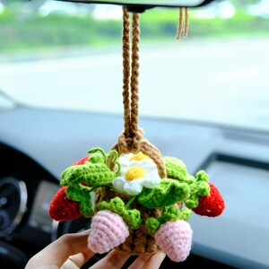 Crochet Strawberry & Daisy Car Mirror Hanging Accessories, Mini Flower ...