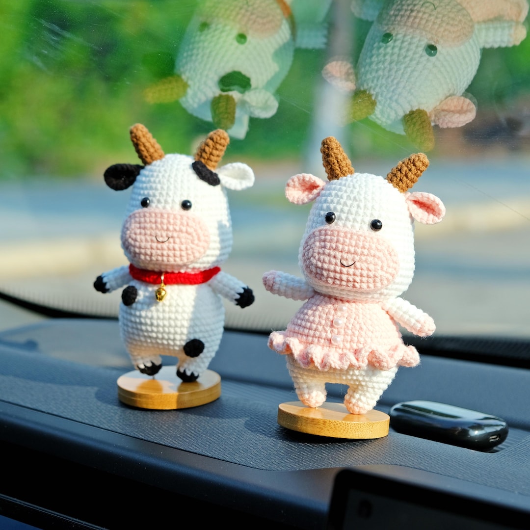 Crochet Cow Car Dashboard Accessories, Smiley Chunky Cow Car Interior ...