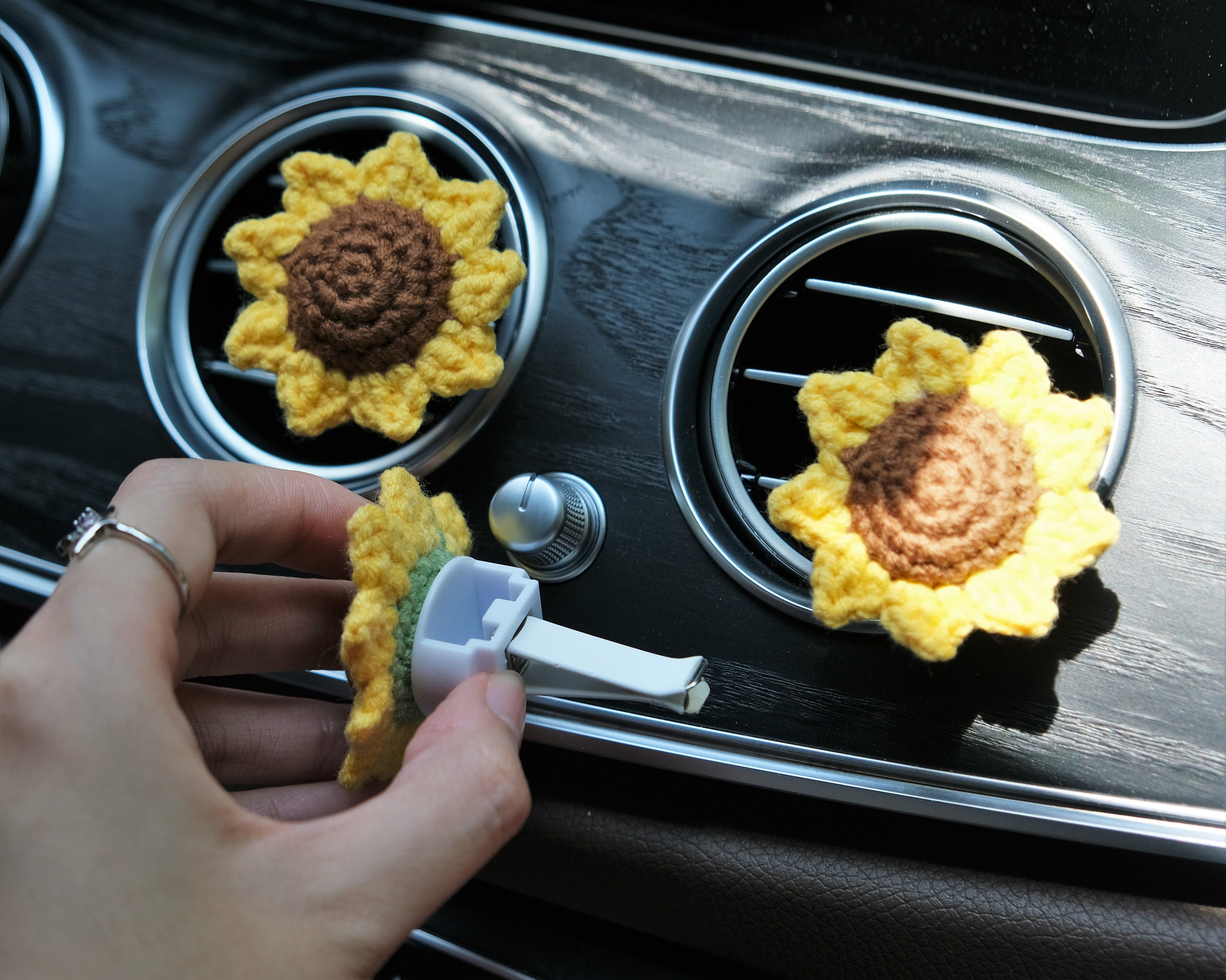 3pcs Crochet Sunflower Car Vent Clip, Flower Car Air Freshener ...