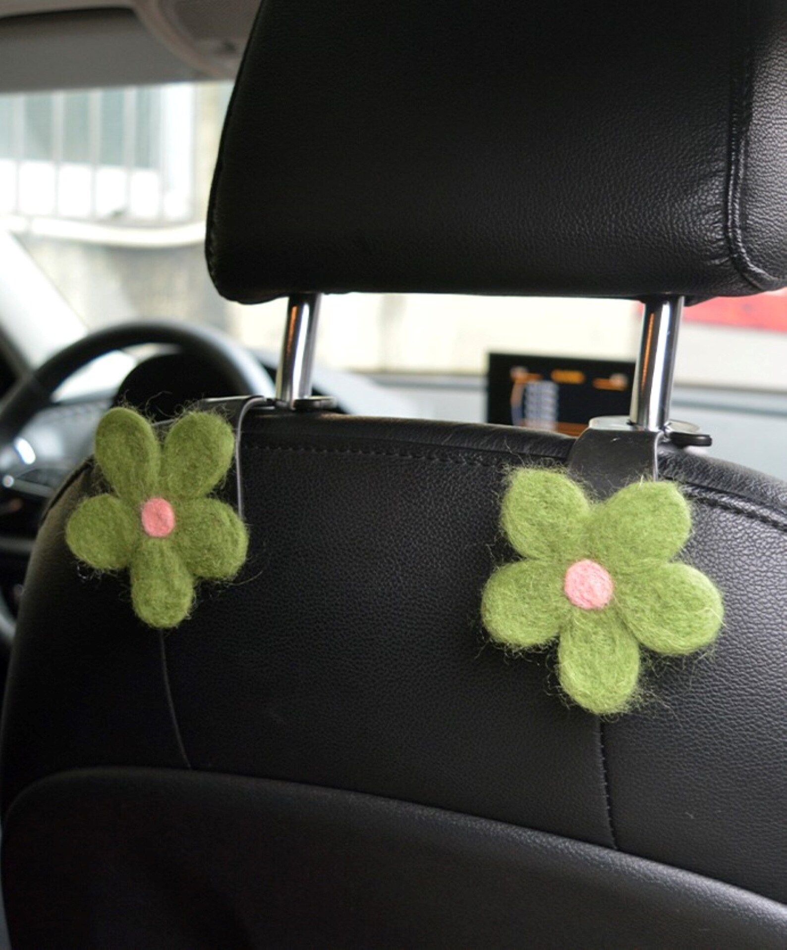 Set of 2 Car Hooks, Wool Felt Flower Car Hanger, Car Seat Purse Hanger ...