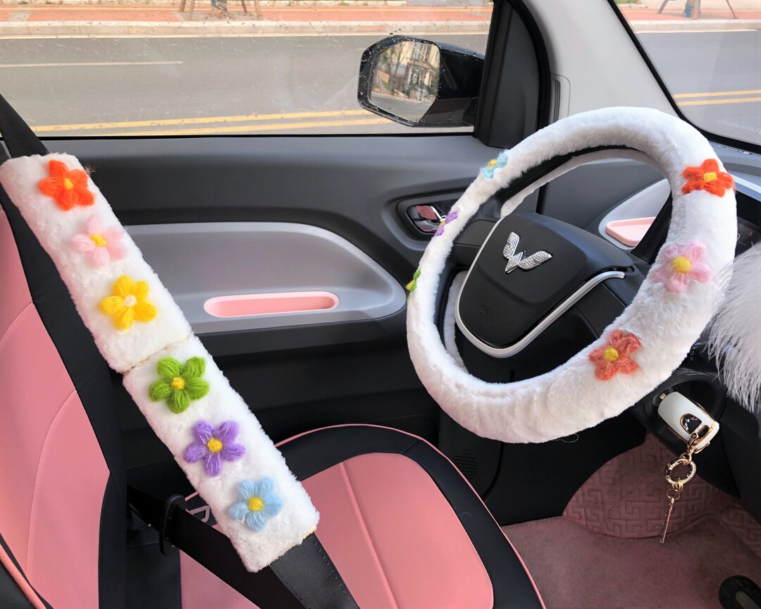 Cute Fluffy Steering Wheel Cover, Crochet Flower Steering Wheel Cover ...