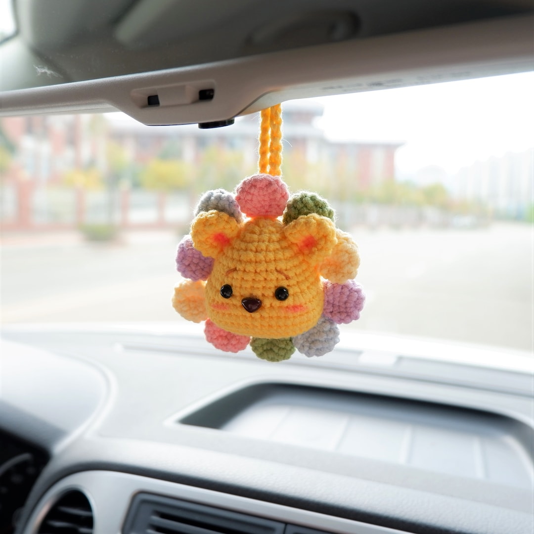 Crochet Bear Car Mirror Hanging Accessory, Rainbow Sunflower Bear/piggy ...
